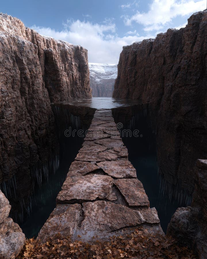 Stone Path through a Canyon with Water and Icicles Stock Illustration ...