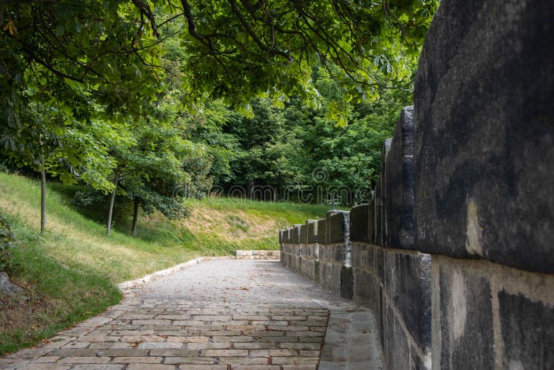 Stone path in the castle stock photo. Image of belfry - 195241858