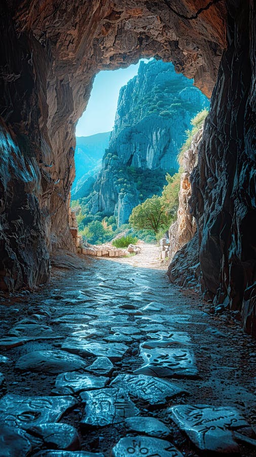 Stone Path through a Cave with Mountain View Stock Illustration ...