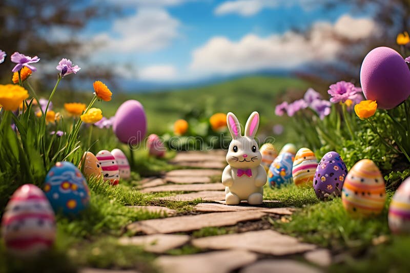 Stone Path through a Colorful Meadow with Easter Eggs and Flowers and ...