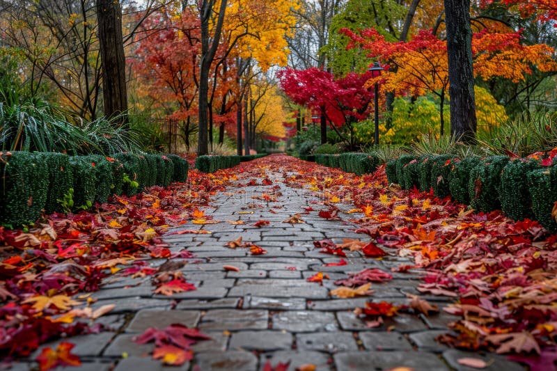 A Stone Path Covered in Autumn Leaves in a Park Stock Photo - Image of ...