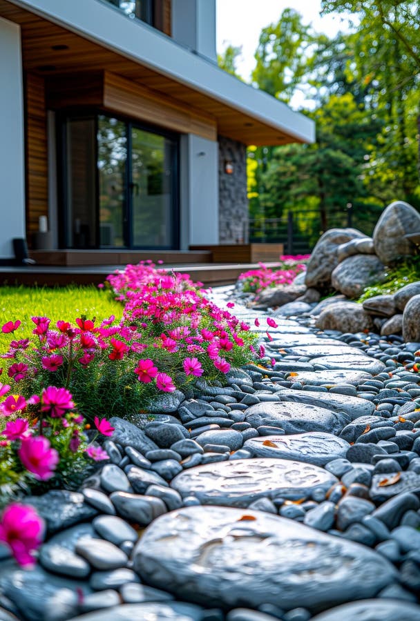 Stone Path and Flowers. a Stone Path Lined with Pink Flowers Leads ...