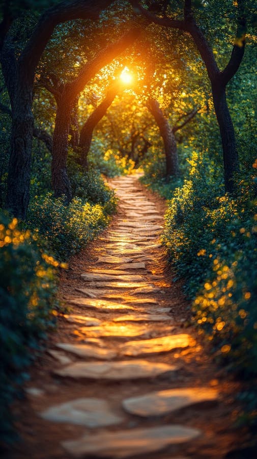 Stone Path through Forest at Sunset - Realistic Image Stock ...