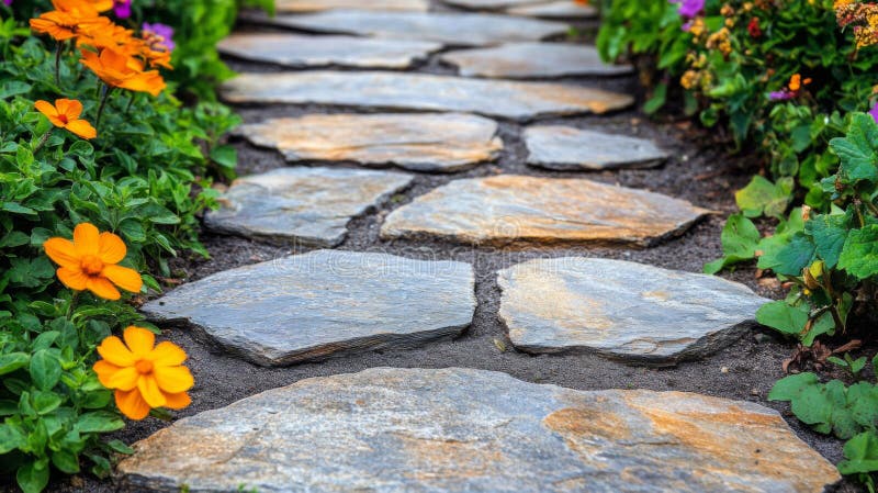 Stone Path through a Garden with Orange Flowers Stock Illustration ...