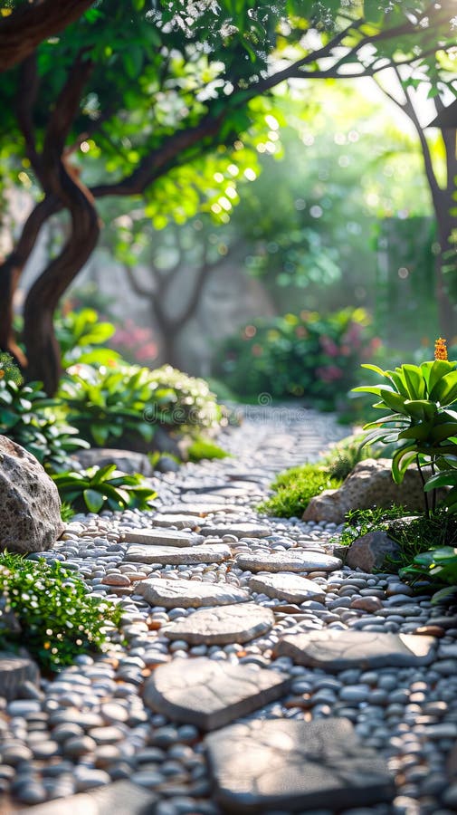 A Stone Path in a Garden with Trees and Plants Stock Image - Image of ...