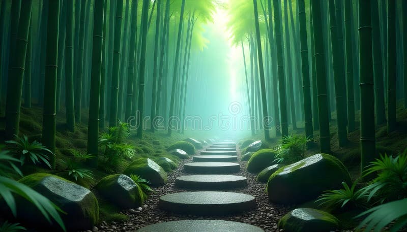 A Stone Path Guides through a Mystical Bamboo Forest, Bathed in ...