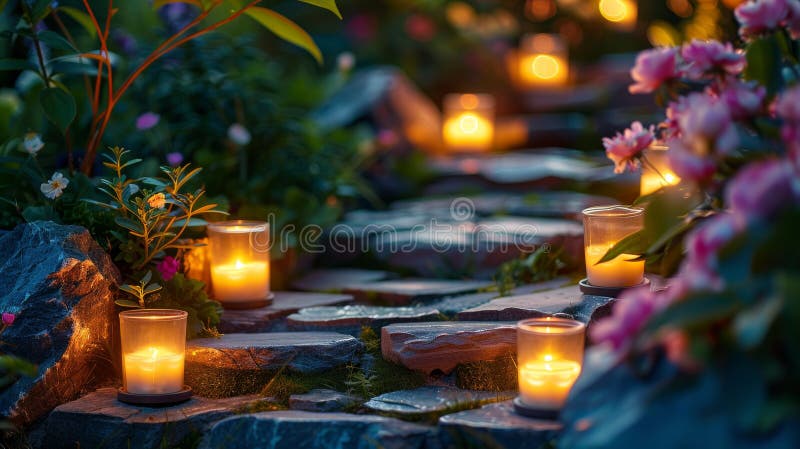Stone Path Illuminated by Lit Candles Stock Photo - Image of generative ...