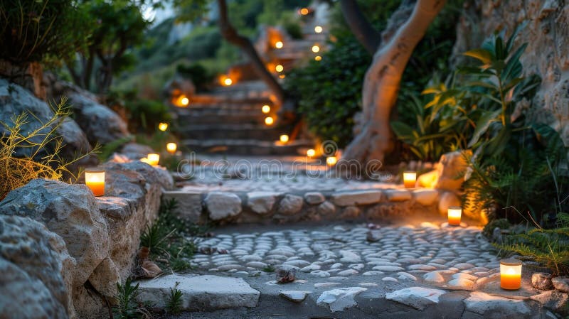 Stone Path Illuminated by Lit Candles Stock Photo - Image of pathways ...