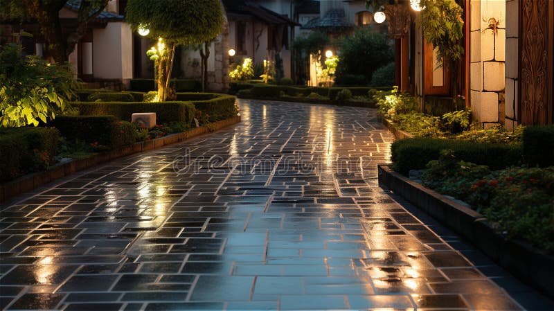 Stone Path Illuminated by Street Lights on Hotel Backyard. Stock ...