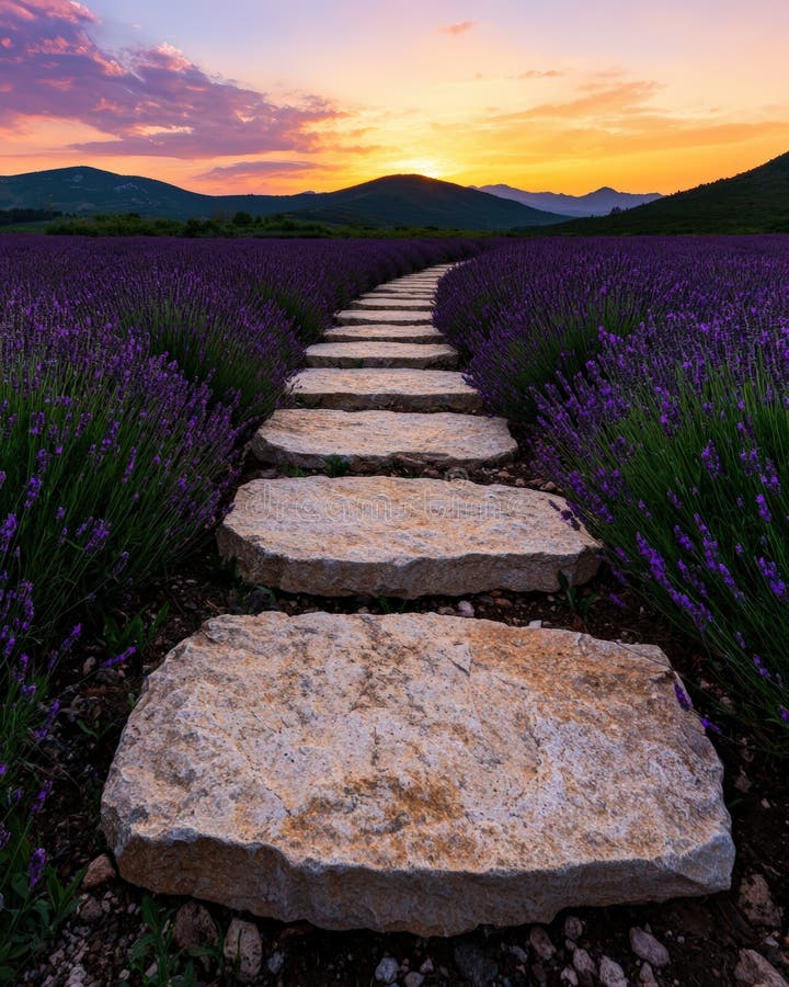 Stone Path through Lavender Field at Scenic Sunset. Stock Illustration ...
