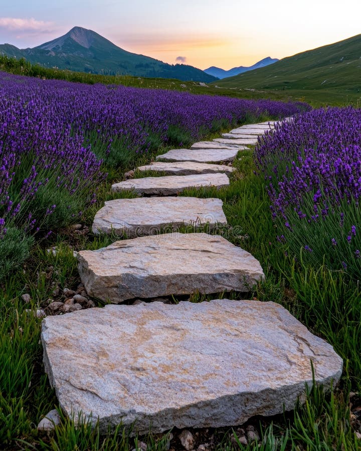 Stone Path through Lavender Field at Sunset Stock Illustration ...