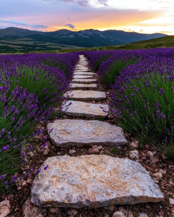 Stone Path through Lavender Field at Sunset Stock Illustration ...