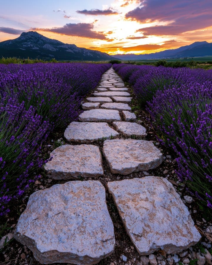 Stone Path through Lavender Fields at Sunset. Stock Illustration ...