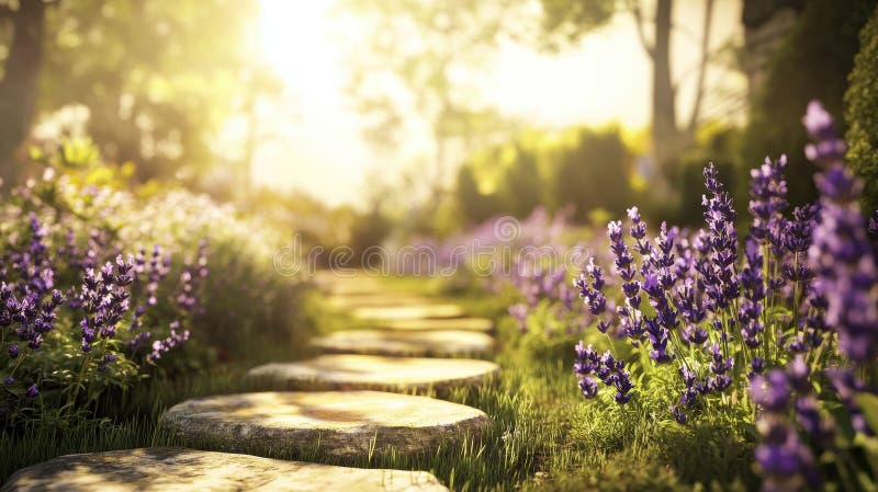 Stone Path through a Lavender Garden with Sunlight Stock Photo - Image ...