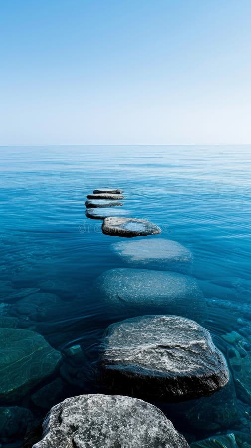 Stone Path Leading into Calm Blue Ocean, Tranquil Scene. Peaceful ...