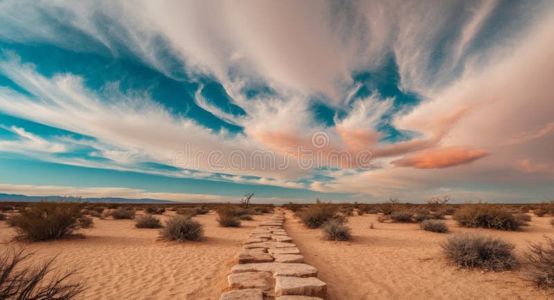 Stone Path Leading through a Desert Landscape Under a Dramatic Sky ...