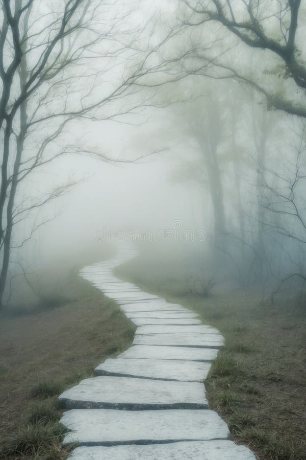 Stone Path Leading through a Foggy Forest. Stock Image - Image of mist ...