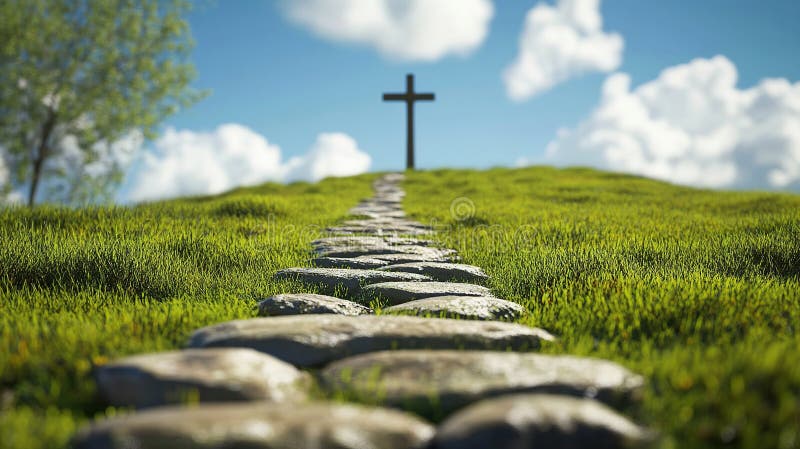 Stone Path Leading To Cross Atop Grassy Hill Under Blue Sky Stock Image ...