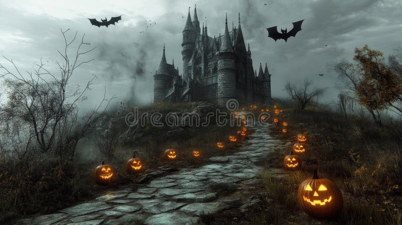 A Stone Path Leading To a Haunted Castle with Lit Jack-o -Lanterns ...