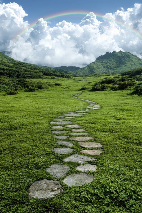 Stone Path Leading To Mountains Under a Rainbow Stock Illustration ...