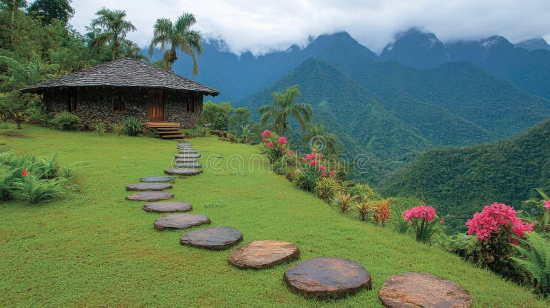 Stone Path Leading To a Rustic Cabin with Lush Greenery and Mountain ...
