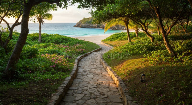 Stone Path Leading To Secluded Tropical Beach Stock Illustration ...