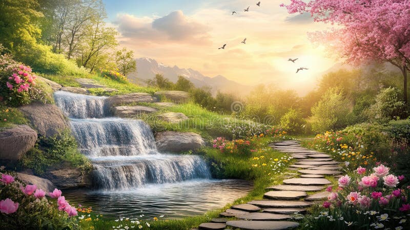 Stone Path Leading To a Waterfall in a Spring Garden. Concept of ...