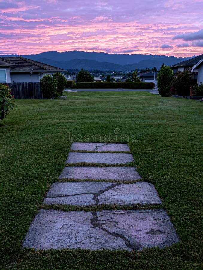 Stone Path Leads through Lawn To a Peaceful Neighborhood. Stock ...