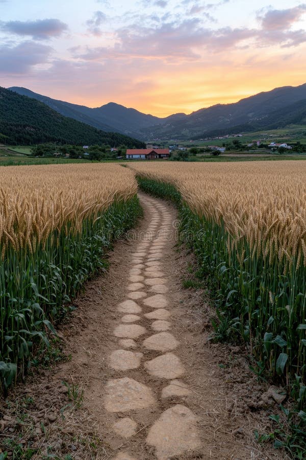 A Stone Path Leads through a Wheat Field at Sunset. Stock Illustration ...