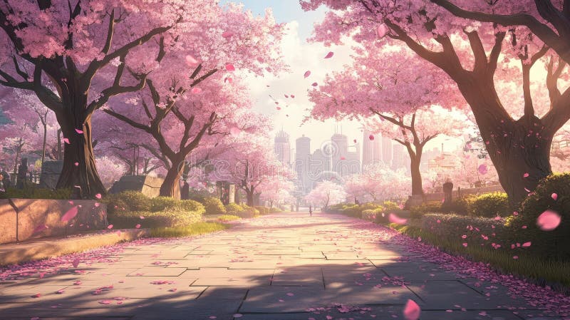 A Stone Path Lined with Blooming Cherry Trees and Falling Petals Stock ...