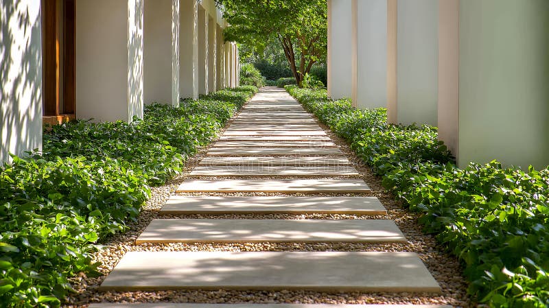 Stone Path Lined by Green Shrubs and White Pillars Leading through ...