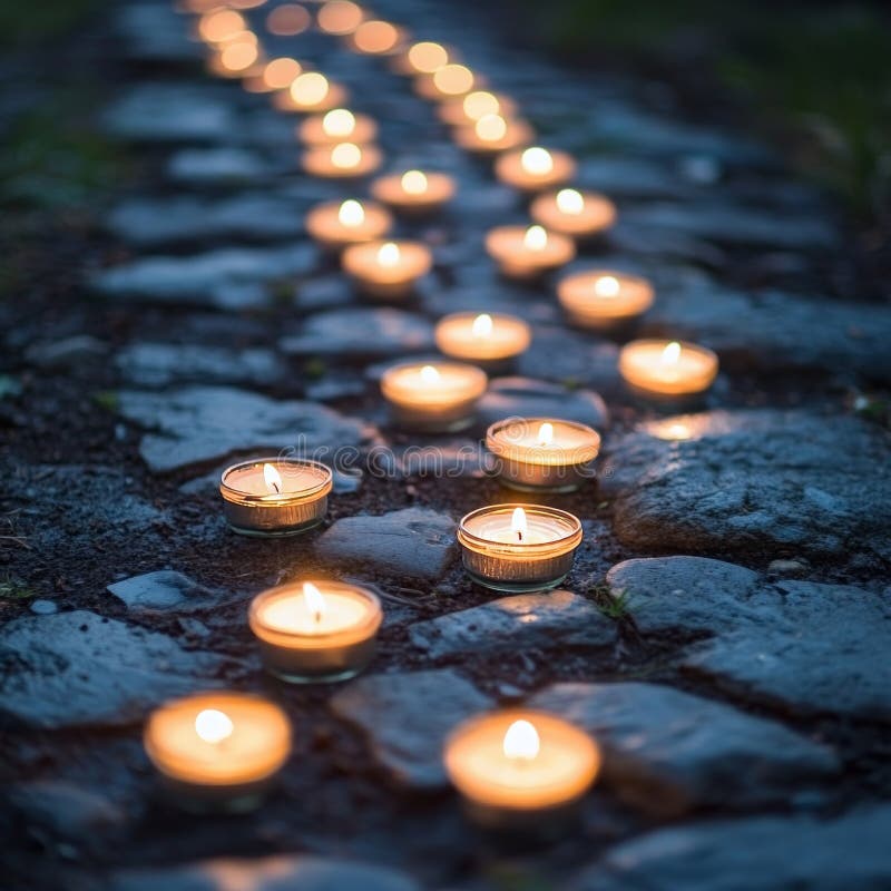 Stone Path Lit by String of Candle Lights, Creating Romantic, Magical ...