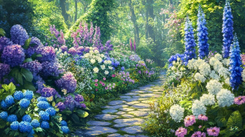 Stone Path through a Lush Flower Garden Stock Illustration ...