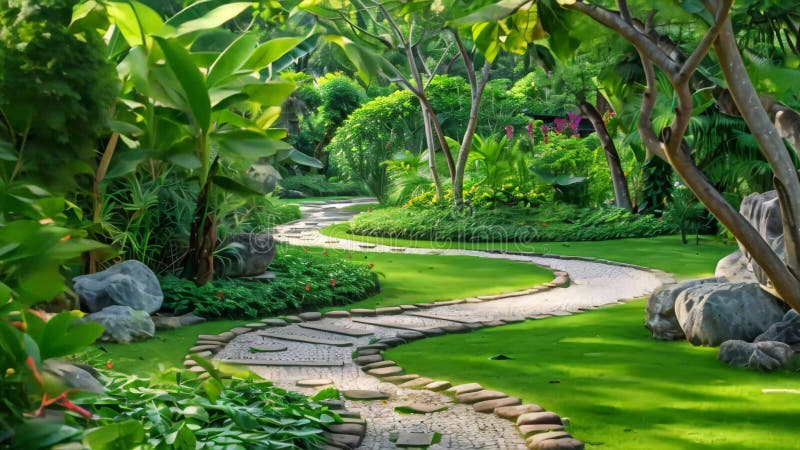 A Stone Path Meanders through a Vibrant, Green Garden Landscape, a ...