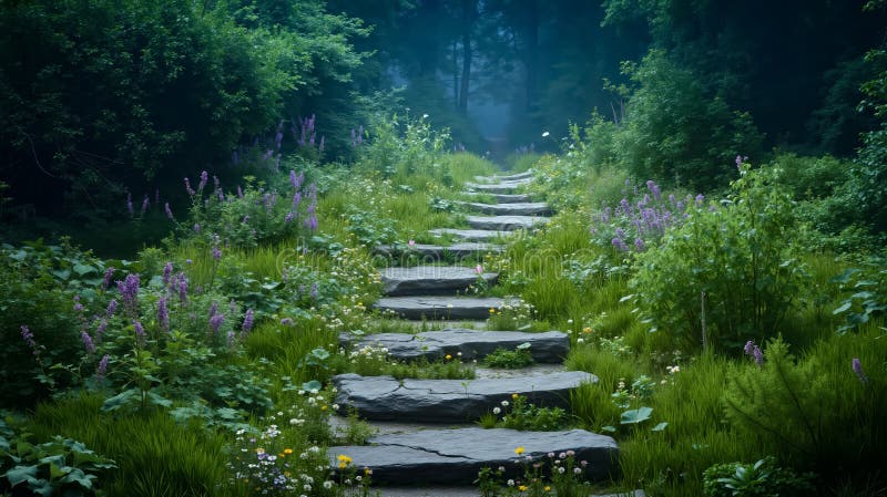 A Stone Path in the Middle of a Lush Green Forest Stock Photo - Image ...