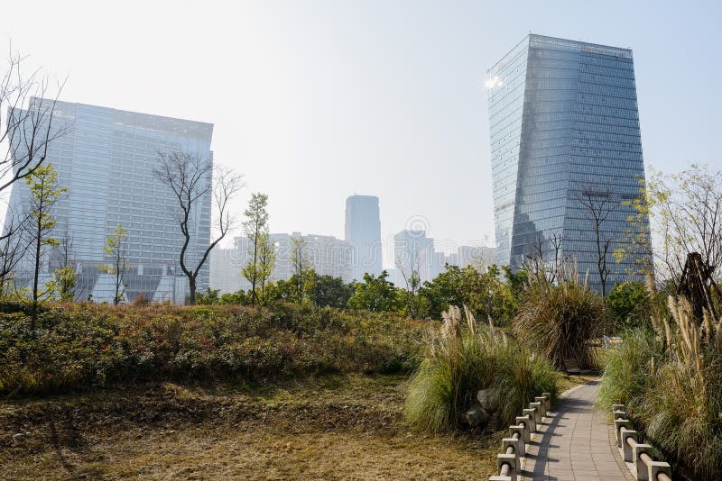 Stone Path in Misty Modern City at Sunny Noon Editorial Photography ...