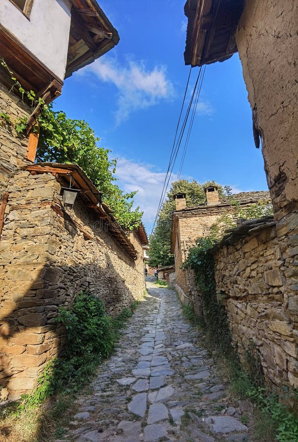 Stone Path in Old Village with Old Retro Houses Stock Photo - Image of ...