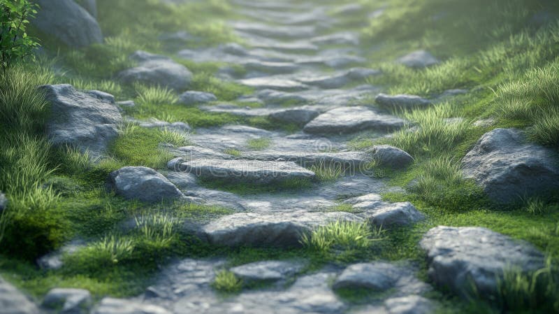 A Stone Path Overgrown with Lush Green Grass Stock Illustration ...