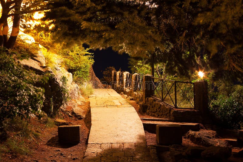 Stone Path in the Park at Night. Stock Photo - Image of grass, object ...