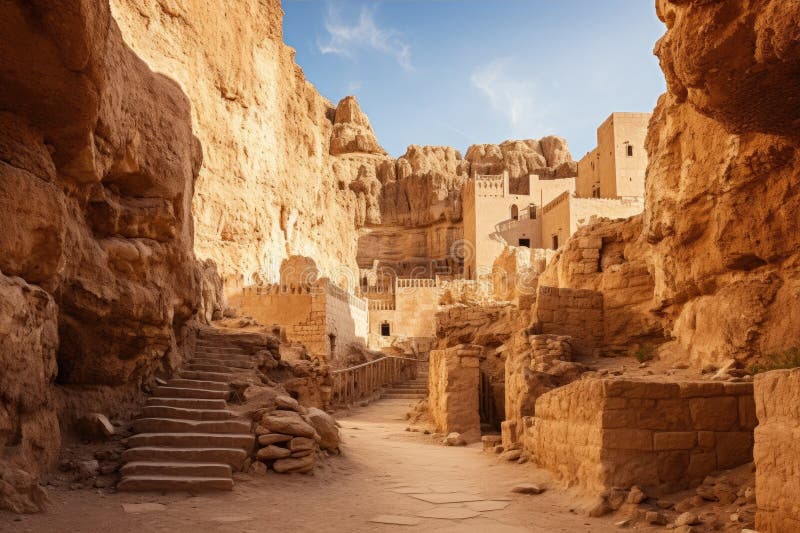 A Stone Path between a Rocky Cliff and a Building Stock Illustration ...