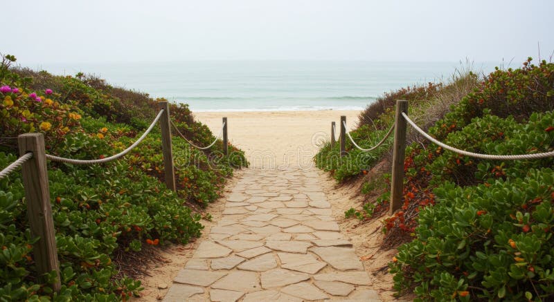 Stone Path To Sandy Beach with Ocean View Stock Illustration ...