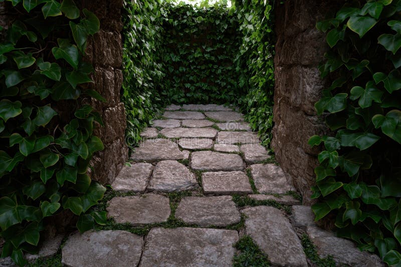Stone Path Tunnel Covered in Ivy. Stock Illustration - Illustration of ...