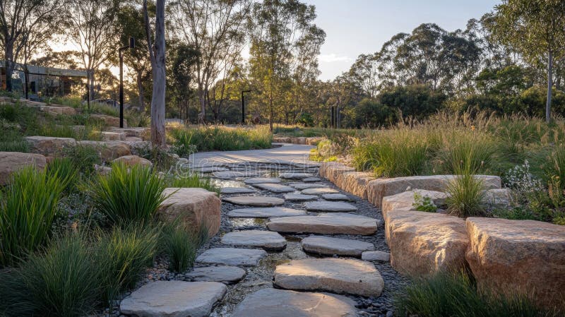 Stone Path Water Feature in a Lush Green Garden Stock Illustration ...