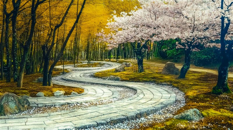 Stone Path Way in the Park with Small and Large Trees. Generative AI ...