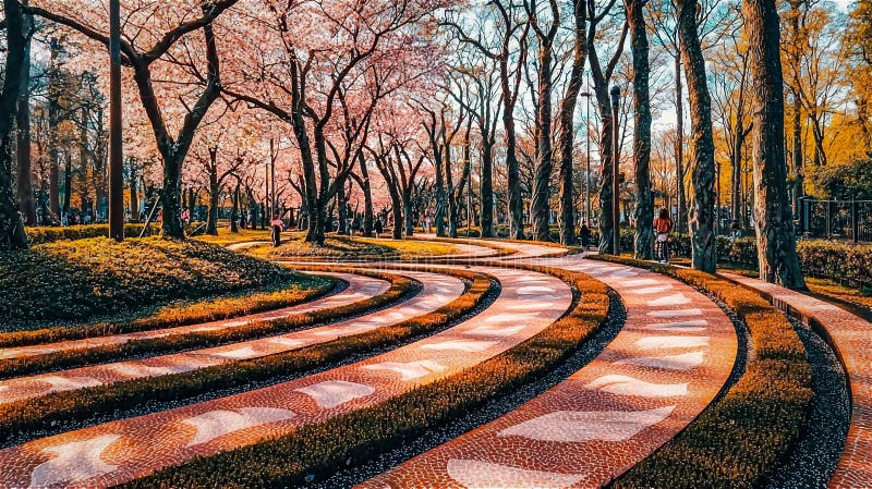 Stone Path Way in the Park with Small and Large Trees. Generative AI ...