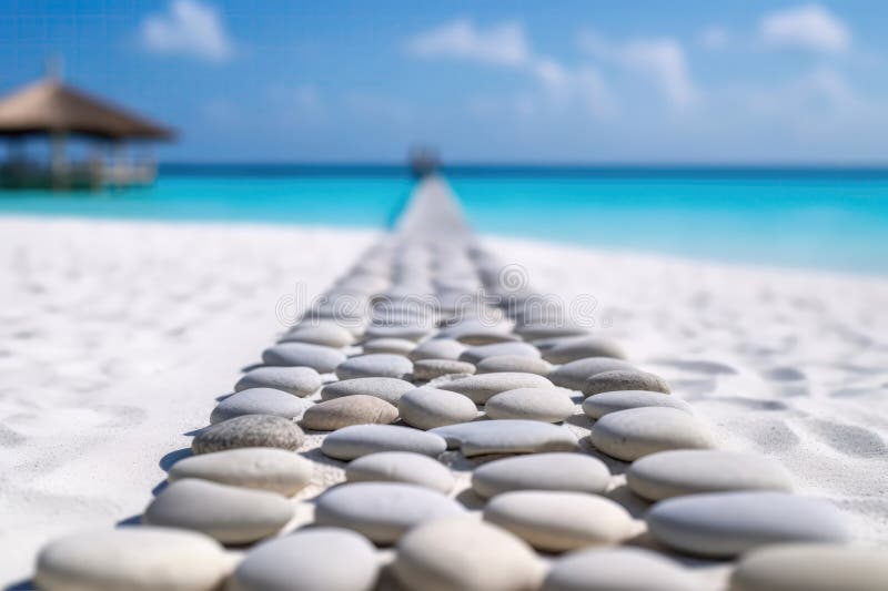 A Stone Path on White Sand Against a Backdrop of the Unfocused Maldives ...