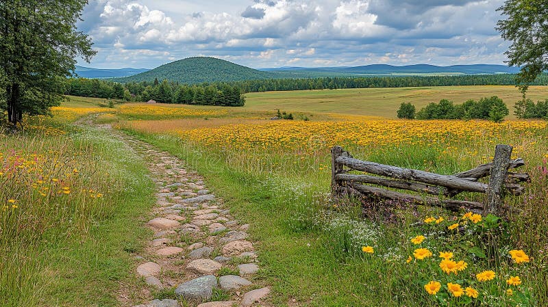 Stone Path through Wildflower Meadow, Mountain View, Cloudy Sky Stock Illustration ...
