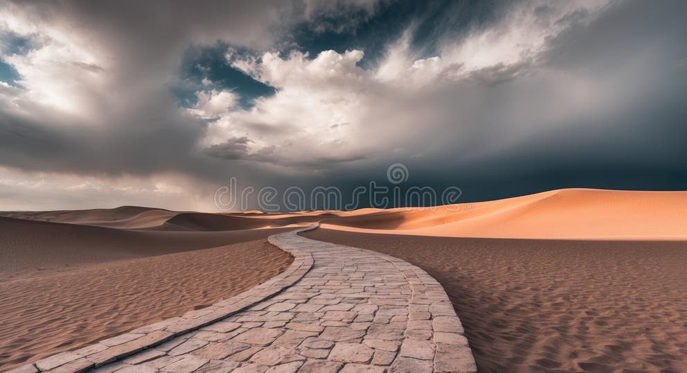 Stone Path Winding through a Desert Landscape with a Dramatic Cloudy ...