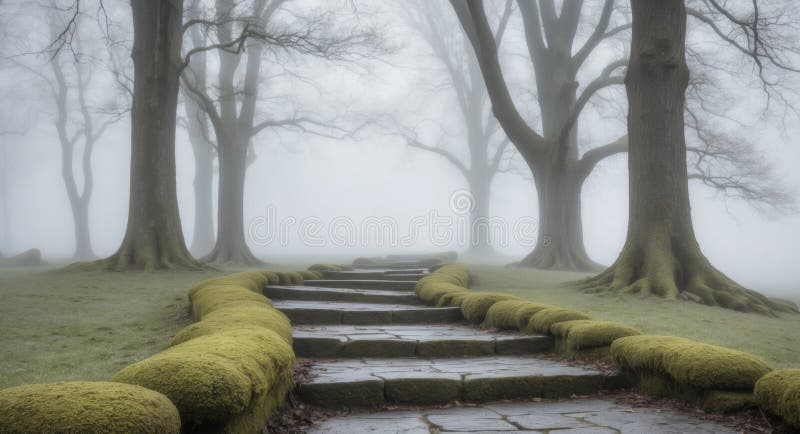 Winding Forest Path through Foggy Autumn Woods Stock Photo - Image of ...