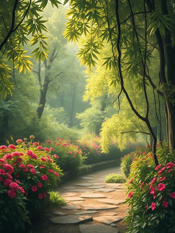 Stone Path Winding through Lush Green Gardens with Pink Flowers Stock ...